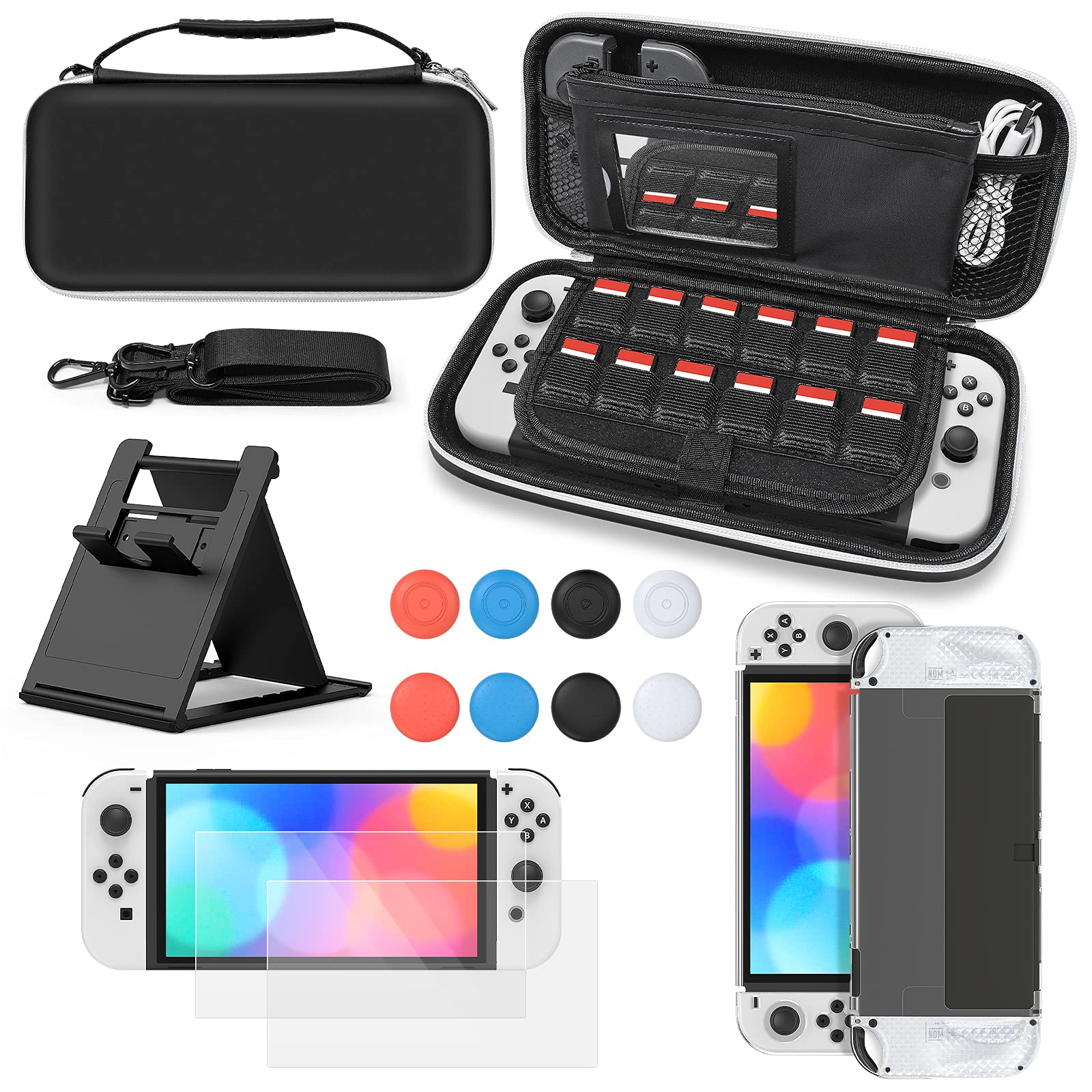 Accessories Bundle for Nintendo Switch OLED Model,Carrying Case with Card Slots,PC Protector Case for Console,TPU Cover for Joy Con,Tempered Glass Screen,Joystick Cap,Console Playstand for OLED