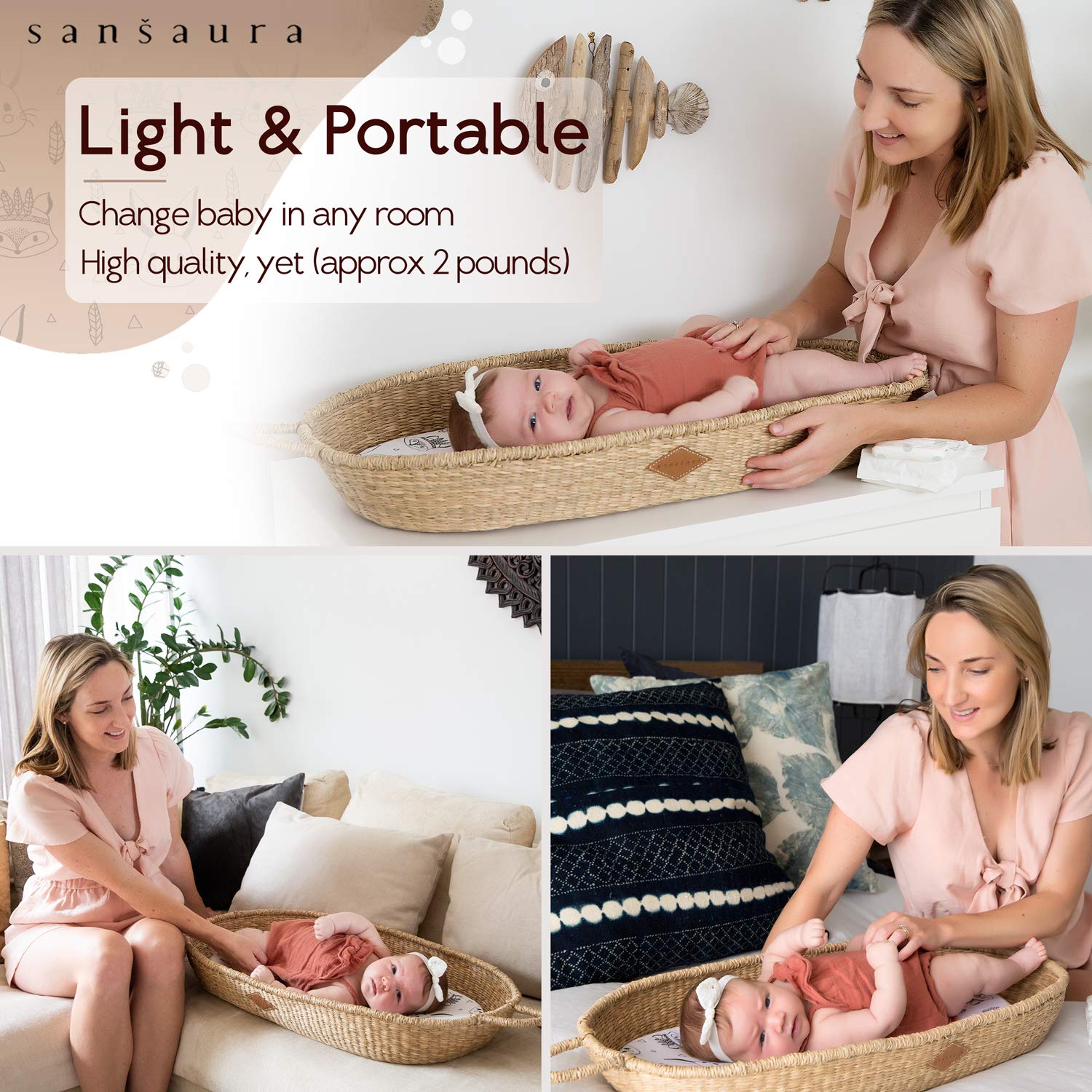 Sansaura Nursery Set - Seagrass Baby Changing Basket, Diaper Basket, with Thick Waterproof Pad & 100% Cotton Fitted Sheet, Toy Storage Bag, Woodland Designs, Shower Gift for Newborns, Boho nursery