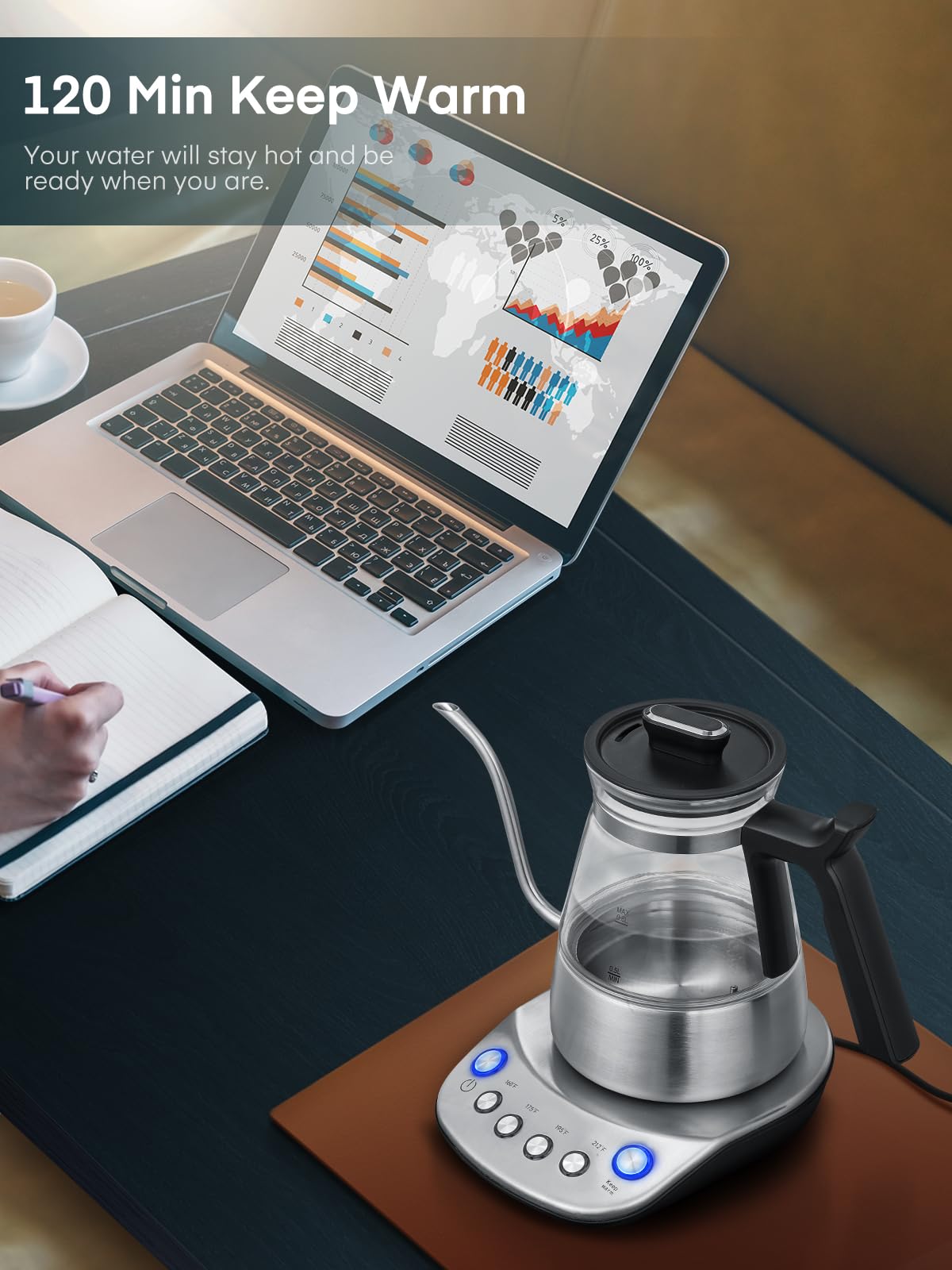Aiheal Electric Gooseneck Kettle, Glass Electric Tea Kettle with 4 Temperature Control Presets and Keep Warm Function, Pour Over Kettle for Coffee and Tea, Hot Water Boiler, Quick Heating, 1200W/0.8L