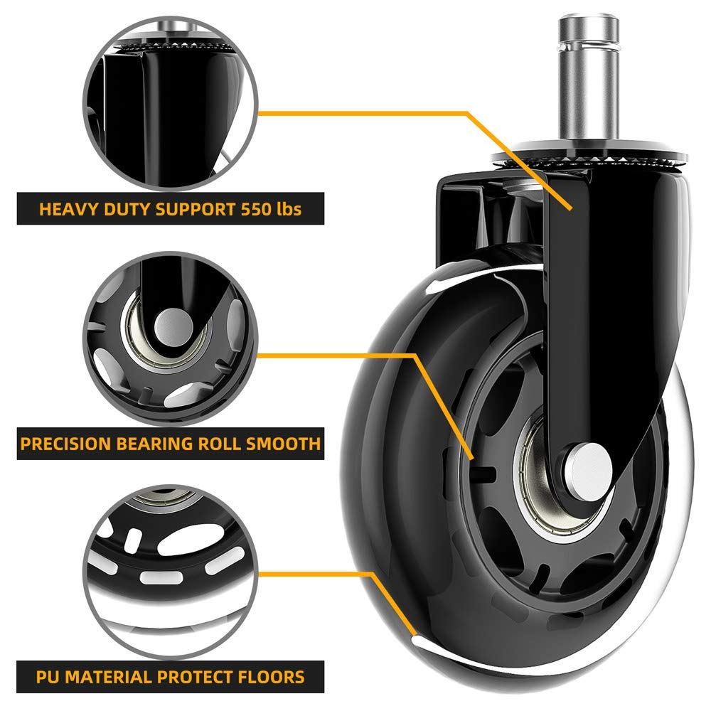 5-Pack Office Chair Wheels, Sturdy Rubber Caster Wheels for All Floors, Hardwood & Carpet, Universal 7/16" Stem