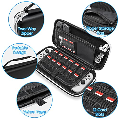 Accessories Bundle for Nintendo Switch OLED Model, MENEEA Carrying Case & Screen Protector, Clear Cover Protector, Grips & Charger Dock for Joycons, Steering Wheels, Console Stand & Game Card Case