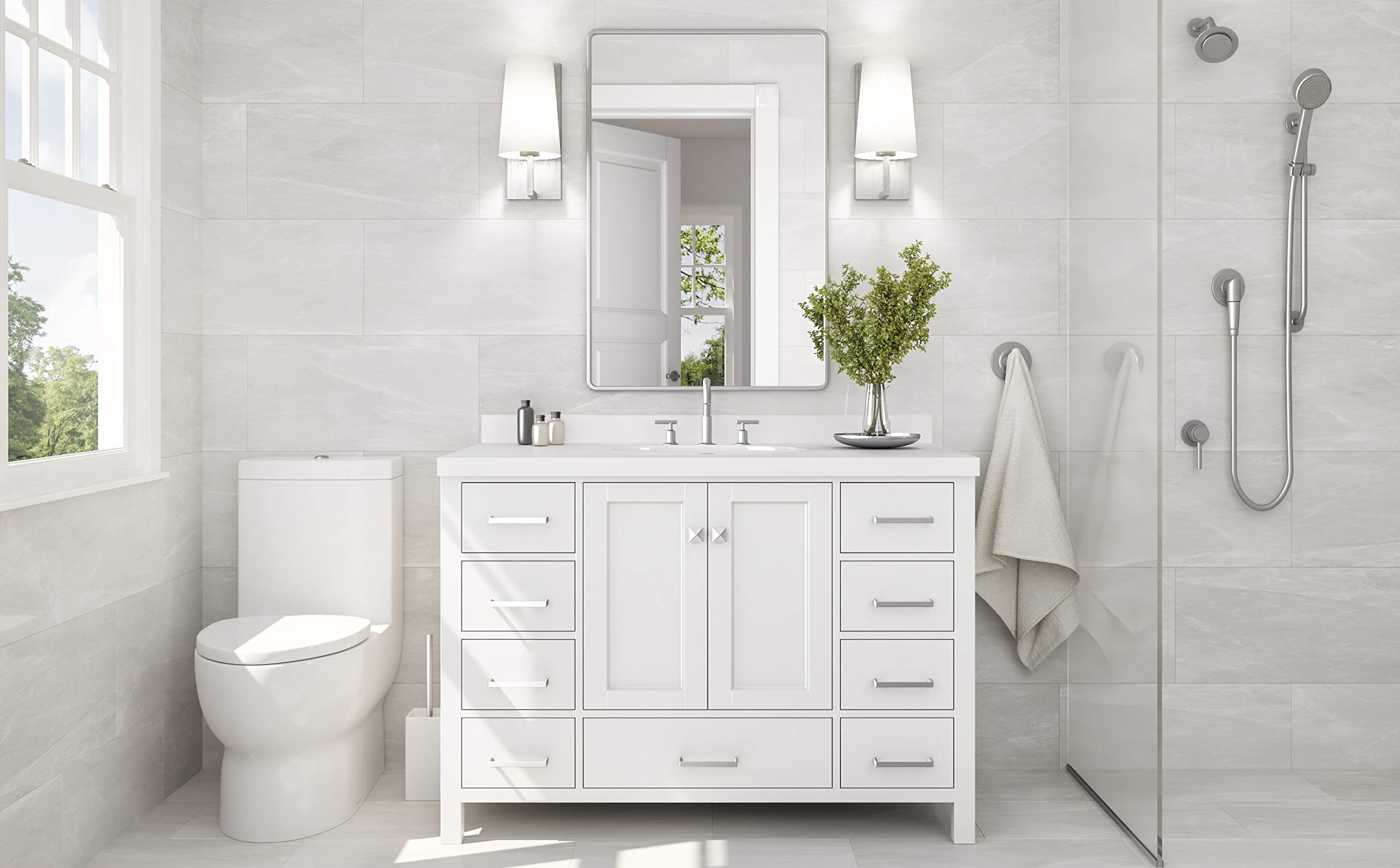 ARIEL 49" White Bathroom Vanity with 1.5" Edge Pure White Quartz Countertop & Backsplash, Center Oval Sink, 2 Soft Closing Doors, 9 Full Extension Dovetail Drawers, Brushed Nickel
