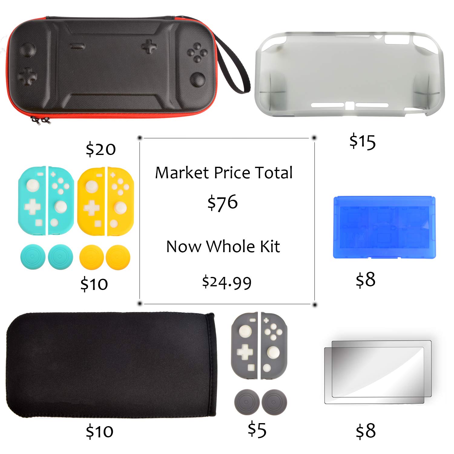Accessories for Nintendo Switch Lite - 18 Pieces Accessories Bundle with Carry Case,Soft Pouch,TPU Cover,2 Tempered Glass Screen Protector,Thumb Grips Caps and More for Nintendo Switch Lite
