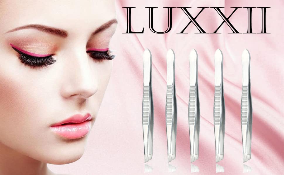 Luxxi (5 Pack) Slant Tweezers - Precision Sturdy Stainless Steel Slant Tip Tweezers Hair Plucker for Hair and Eyebrows Personal Care (Silver Tone)