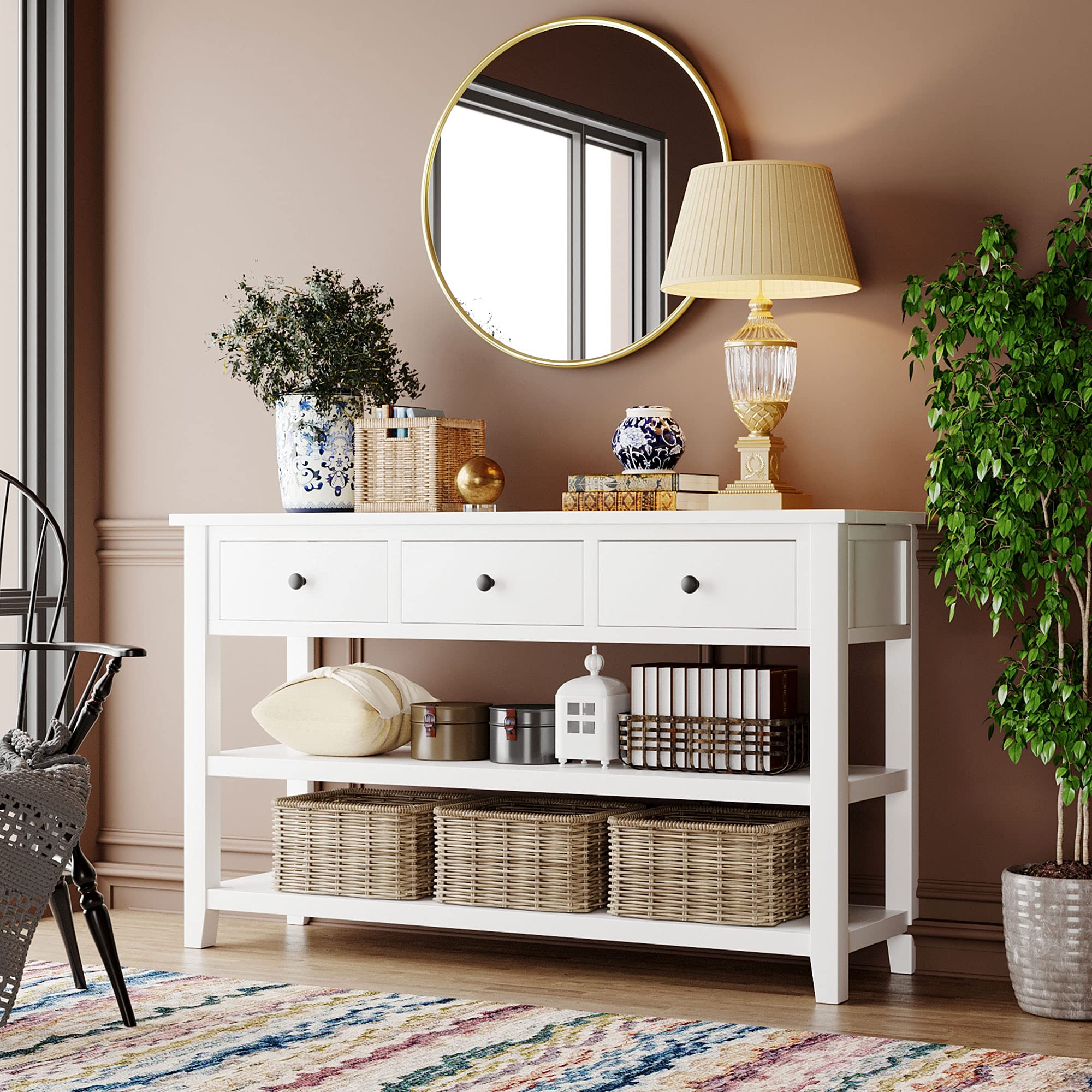 Merax Antique White Farmhouse Wood Table for Hallways Entryway Narrow Foyer Sideboard with Drawers and Bottom Shelves Easy Assemble, Type 11