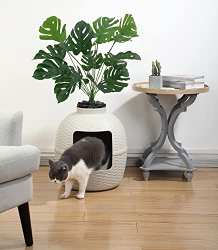 keygarzone Plant Litter Box with Lid, Hidden Cat Litter Furniture with Rattan Pattern for Large Cat, PP Material Waterproof, Easy Assemble & Clean