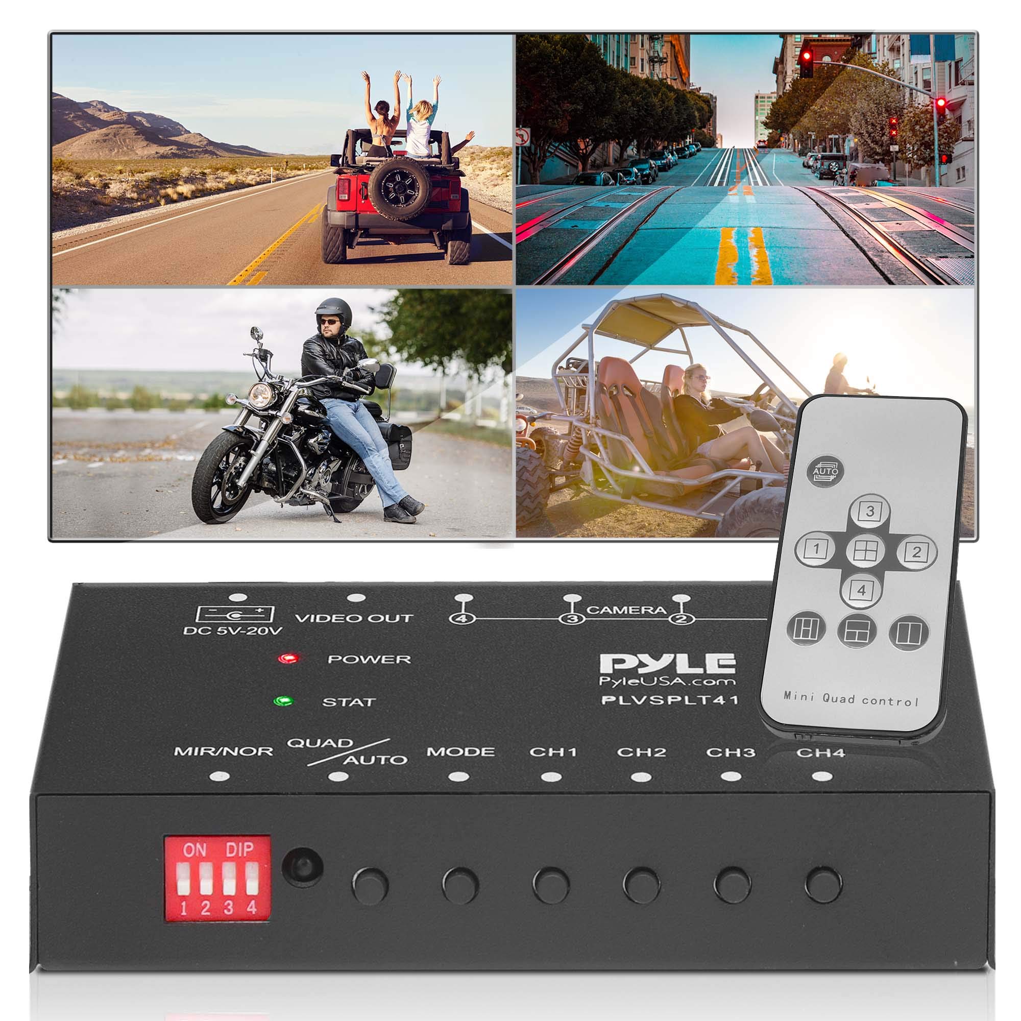 4-Channel Car Video Splitter Controller - Digital Picture Video Signal Switcher with Quad Selectable for Backup Camera Video Monitor Systems CCTV Camera, PAL/NTSC Auto Adapting - Pyle PLVSPLT41