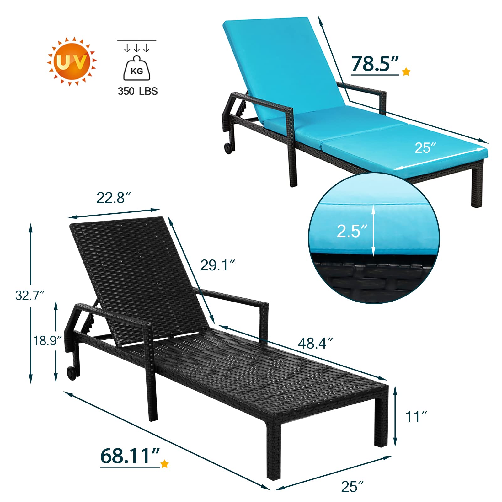 AECOJOY Chaise Lounge Chairs for Outside Outdoor Lounge Chairs Set of 2, Adjustable PE Rattan Wicker Patio Pool Lounge Chair with Cushion and Wheels for Poolside Backyard Deck Porch Garden, Blue