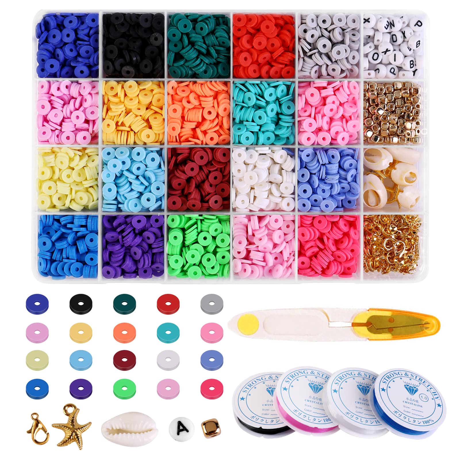 4000 PCS 6MM Polymer Clay Fimo Rainbow Color Beads, Flat Disc Heishi Beads, Multicolor Polymer Beads with 4 Roll Elastic Thread and Pendant Charms Kit