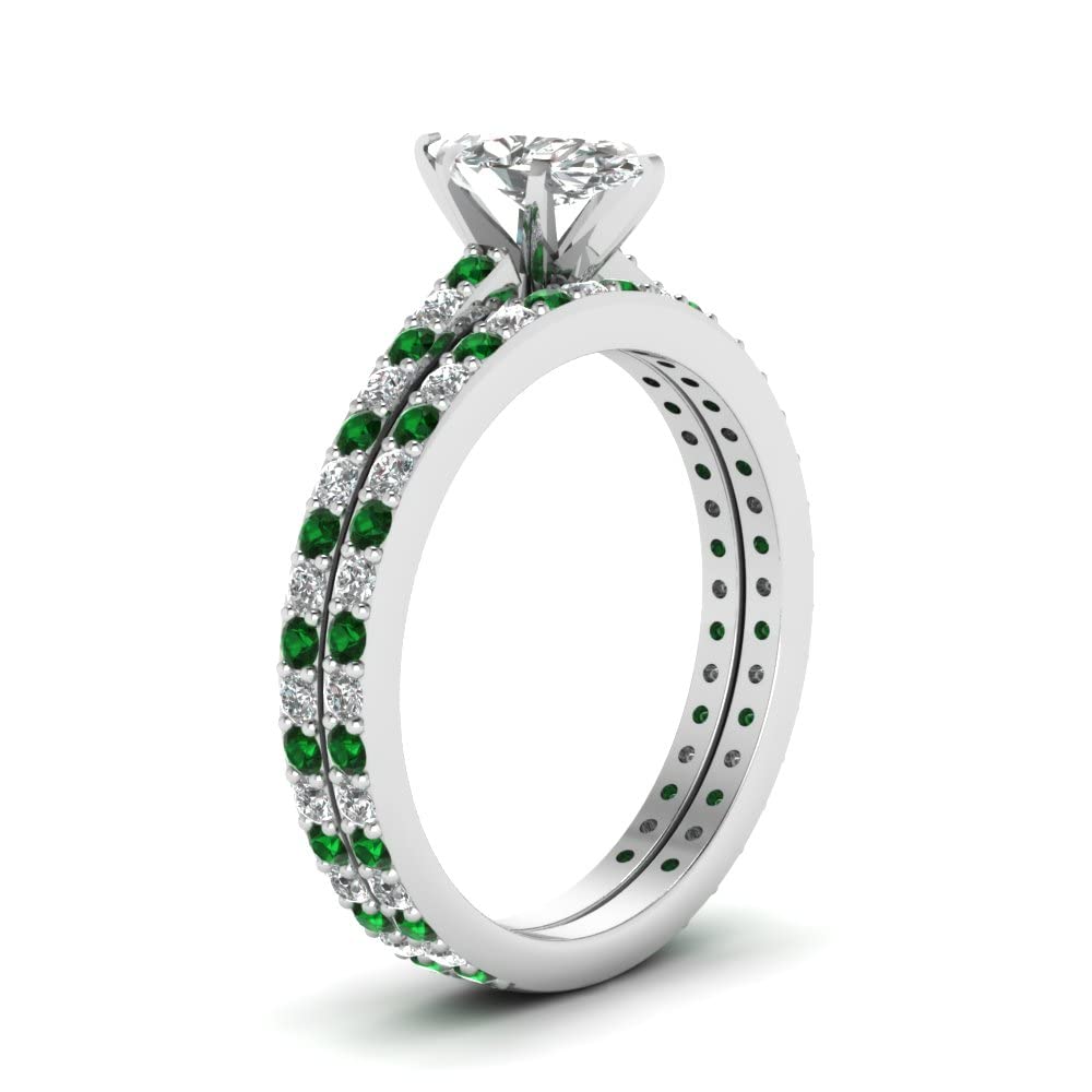 55Carat Classic Delicate Diamond Wedding Set 925 Sterling Silver Created Emerald Marquise shape Green colorWedding Ring Sets Prong Setting in Size 9