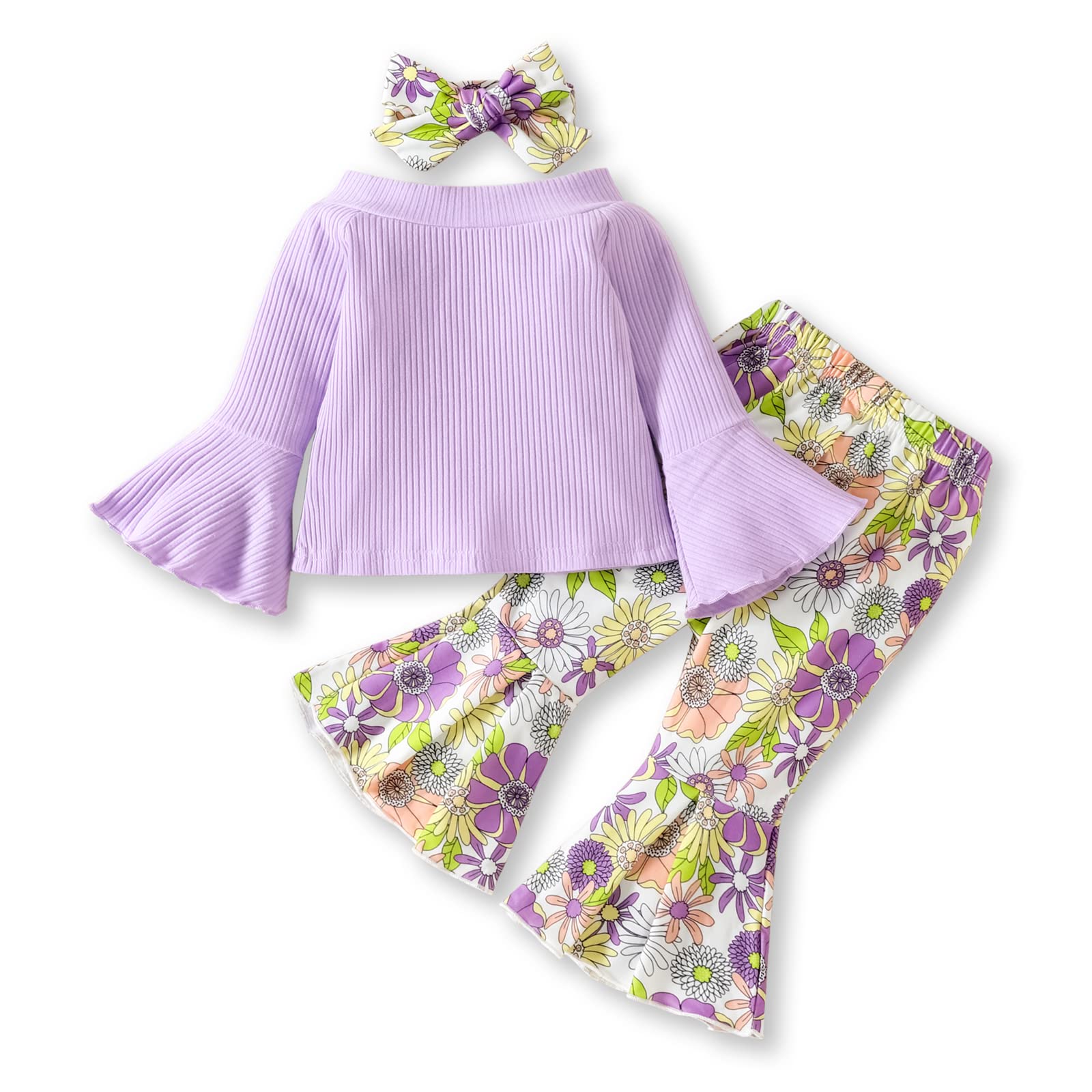 AIKEIDY Toddler Girl Clothes Baby Fall Winter 3-4T Clothes Infant Flared Top + Bell Bottom Pants + Headband 3 PCS Outfits Set