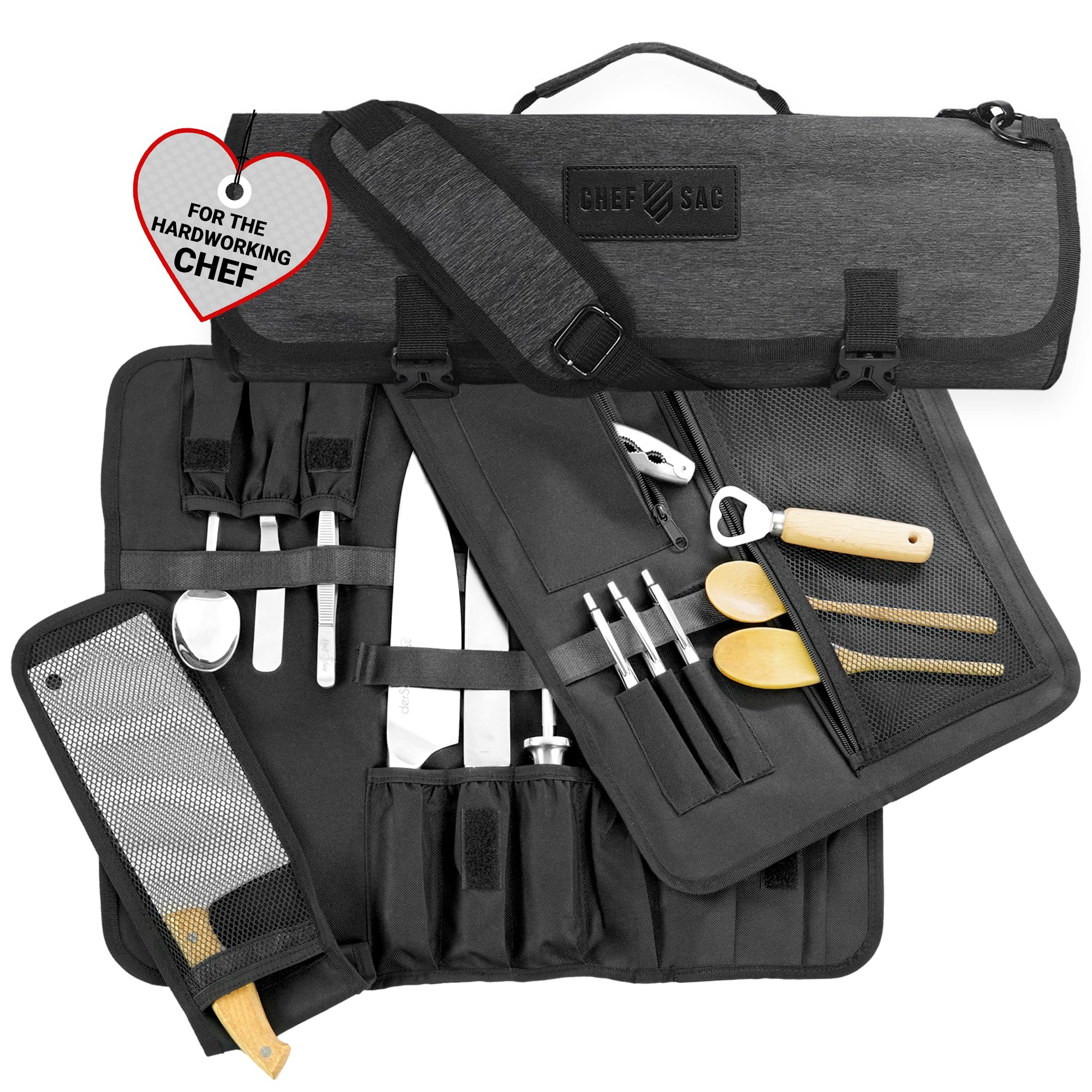 Chef Knife Roll Bag | 8+ Slots for Knives & Kitchen Tools | Water Resistant Knife Bag | Knife Carrying Case Only, Tools Not Included | Chef Knife Bag for Professional Chefs & Culinary Students (Black)