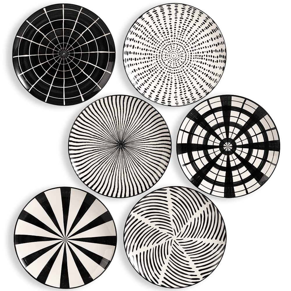 AHX Dinner Plates Ceramic Plate Set - 10 Inch Large Porcelain Round Plate Sets of 6 - Flat Modern Black Pattern Dining Plates for Kitchen | Family - Dishwasher | Microwave | Oven Safe