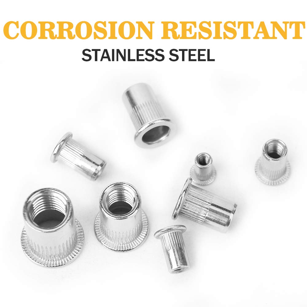 VIGRUE 205PCS 304 Stainless Steel Rivet Nut Assort Set Flat Head Threaded Rivetnut Insert Nutserts Assortment Kit(M3| M4| M5| M6| M8| M10)