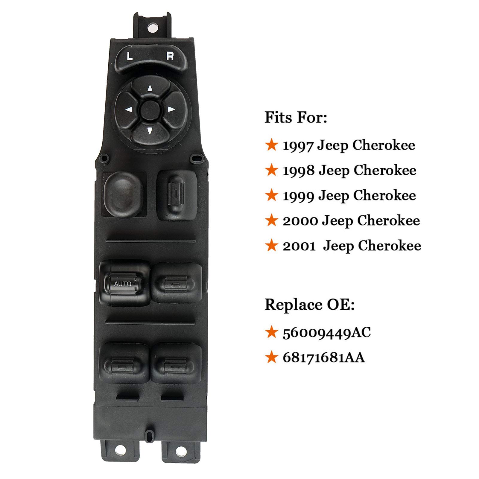 56009449AC Driver Side Master Power Window Switch Replacement for Jeep Cherokee 1997 1998 1999 2000 2001, Replace OE# 68171681AA