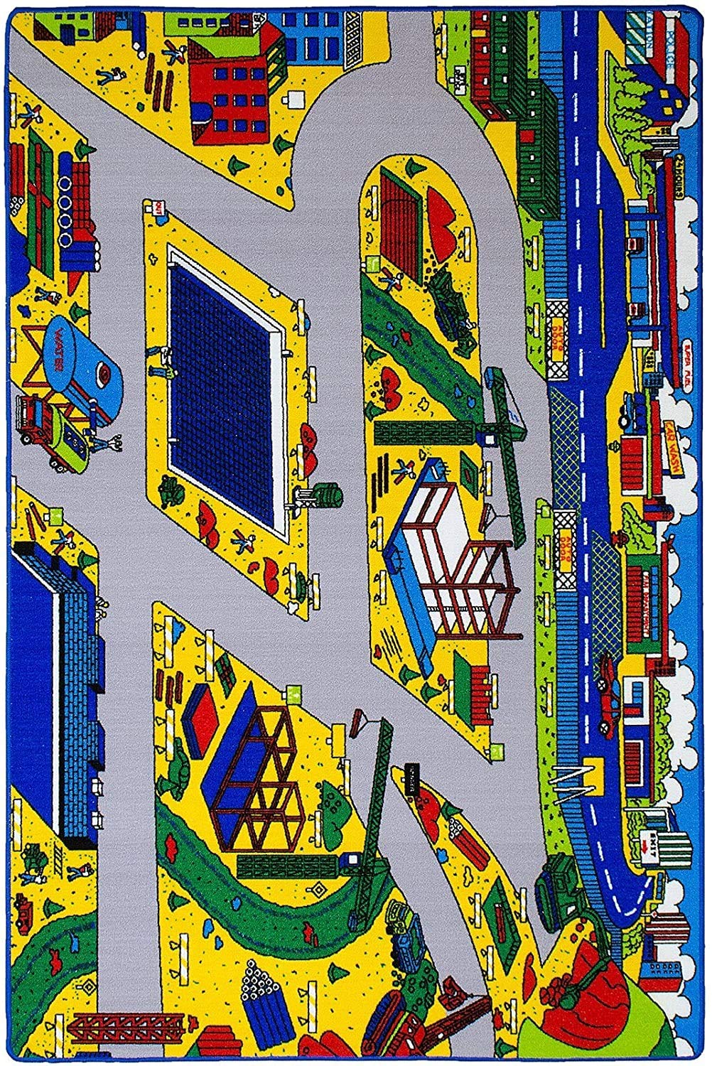 Champion Rugs Construction Vehicles Truck Toys Play Mat with Train Tracks, Mini Engineering Diecast Trucks Pull Back Cars, Toy Trucks for Toddlers, Kids (5 Feet X 7 Feet)