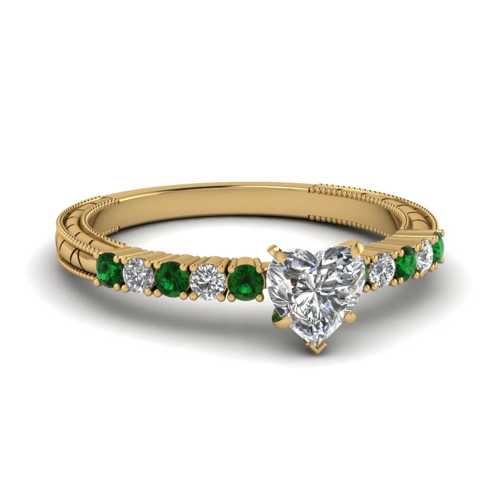 55Carat Petite Vintage Diamond Ring yellow gold plated Created Emerald Heart shape Green color Petite Engagement Rings prong Setting in Size 7 Minimal Surprise Gifts for Ladies