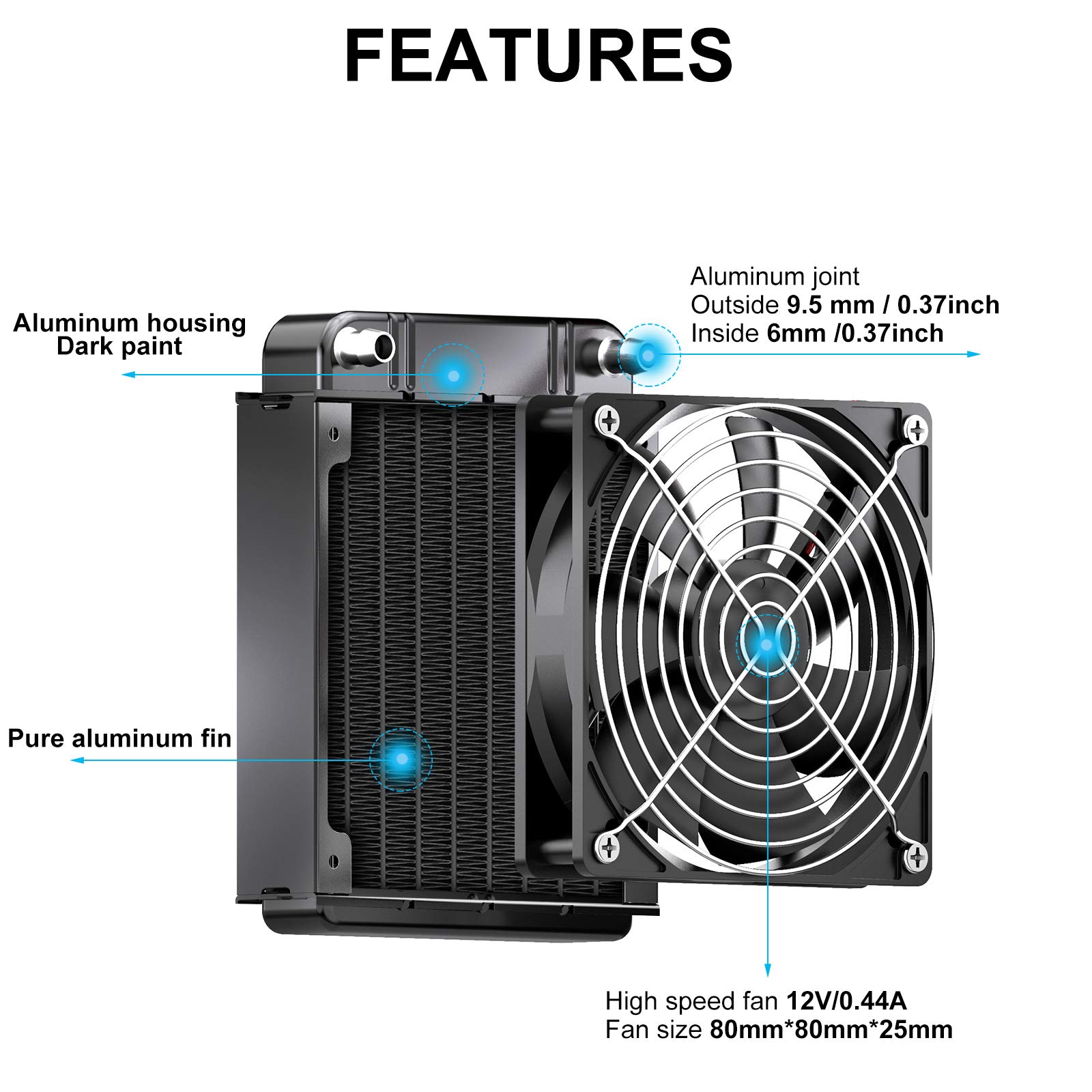 Clyxgs Water Cooling Radiator, 8 Pipe Aluminum Heat Exchanger Radiator with Fan for PC CPU Computer Water Cool System DC12V 80mm Black