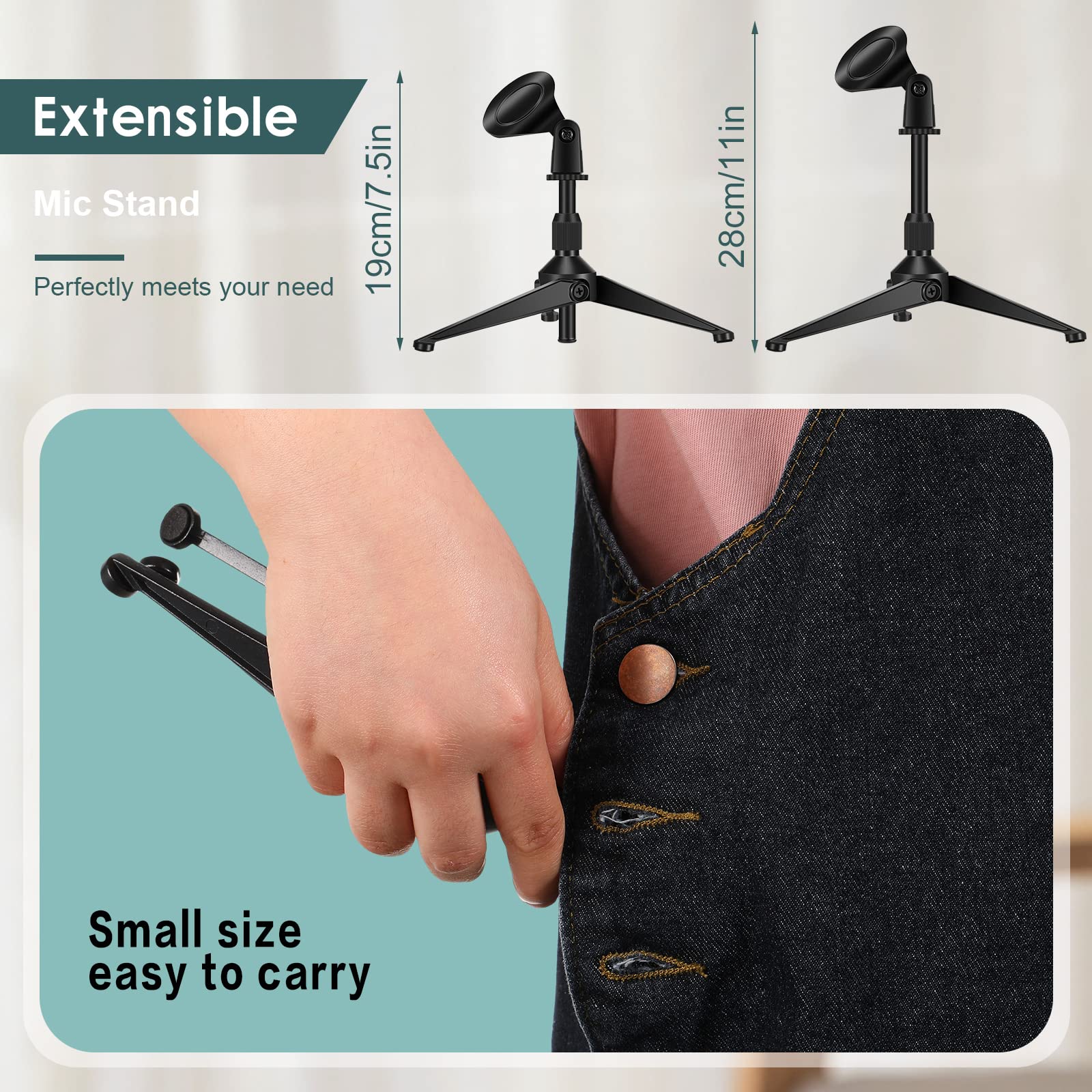 6 Pack Desktop Mic Stand Portable Foldable Tripod with Mic Clip Holder Adjustable Height Mini Table Microphone Stand with 5/8 Inch Male to 3/8 Inch Female Screw for Most Microphones