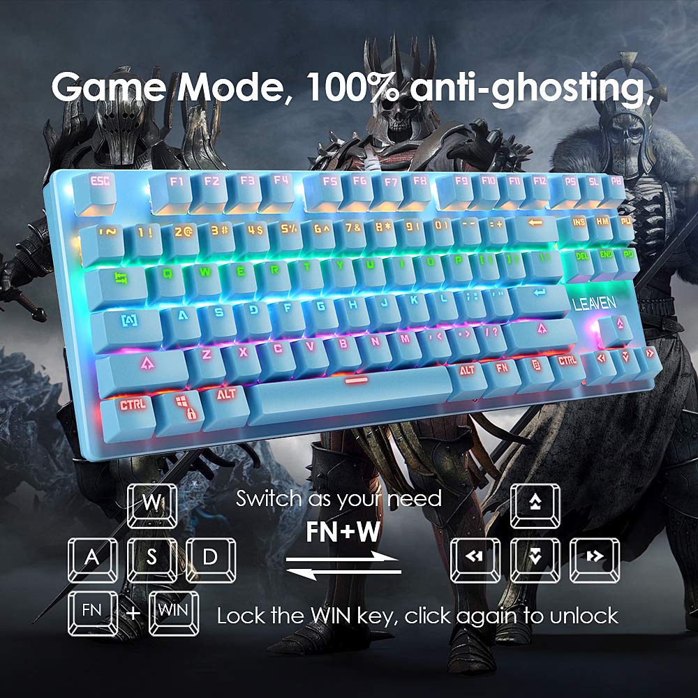 4-in-1 Gaming Keyboard Mouse Combo,87 Keys Rainbow Backlit Mechanical Keyboard,RGB Backlit 6400 DPI Lightweight Gaming Mouse with Honeycomb Shell,3.5mm Gaming Stereo Headset for PC Laptop Computer