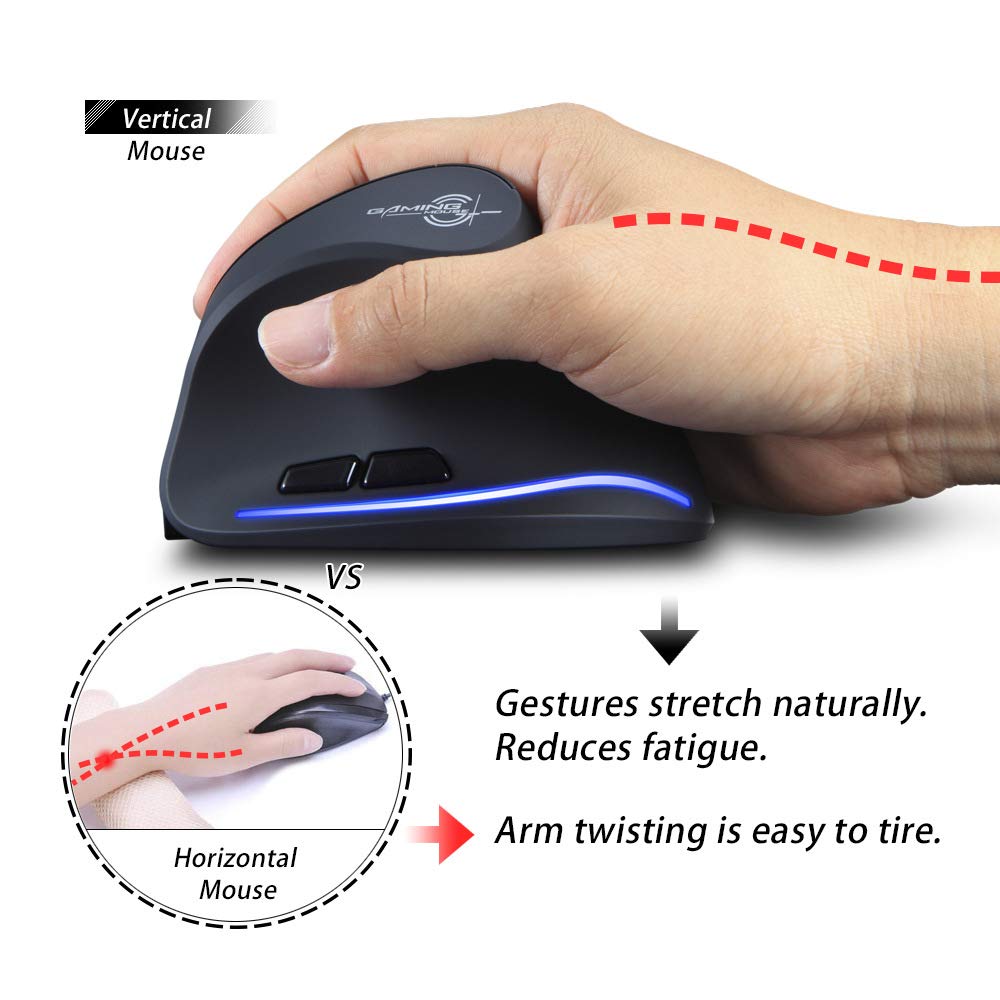 Attoe Vertical Mouse Wireless, Right Handed 2.4GHz Wireless Ergonomic Rechargeable Vertical Mouse with 3 Adjustable DPI 1000/1600/2400, 6 Buttons,Compatible with PC, Desktop,Mac (Black)