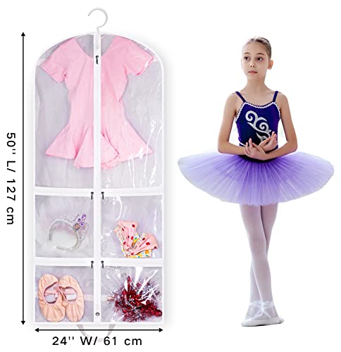 SLEEPING LAMB Clear Garment Bag for Dance Costume Kids 50 Inch Hanging Clothes Cover for Closet Storage With 4 Large Zipper Pockets for Ballet, Theatre, Competitions, 3 Packs, White