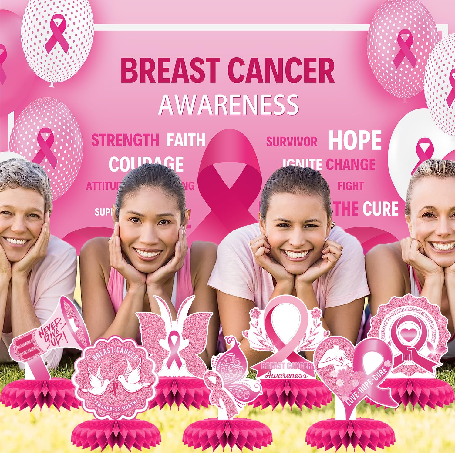 9 PCS Breast Cancer Awareness Centerpieces Pink Ribbon Faith Strength Courage Table Decorations Pink Ribbon Cake Table Decoration