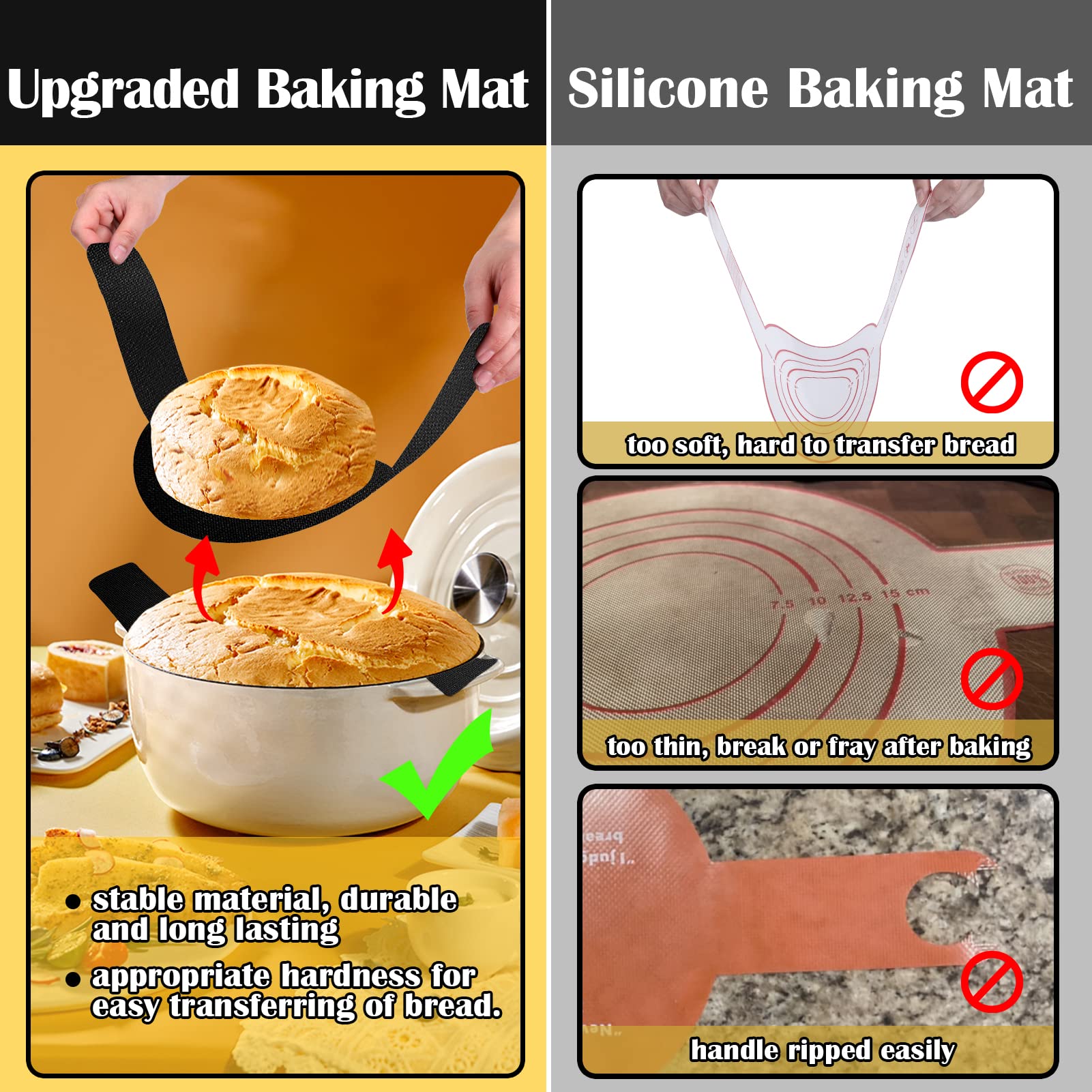 AIERSA 2Pcs Baking Mat for Dutch Oven Bread Baking, Reusable Non-stick Bread Sling, 6.3In Long Handle for Easy Transfer of Sourdough,Bread Making Tools and Supplies,Alternative to Silicone Baking Mat