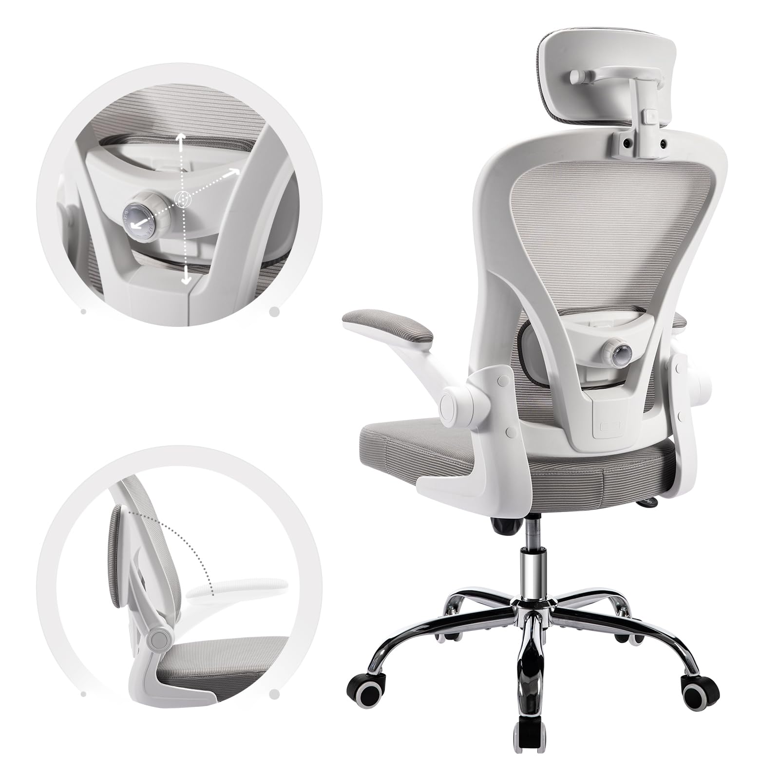 ACCHAR Ergonomic Office Desk Chair, Computer Mesh Home Task Chair, Swivel Rolling Chair with Flip-up Arms, 4-Way Adjustable Lumbar Support and Headrest (Grey and White)