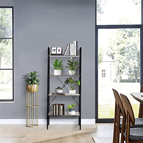 LuxenHome 4 Tier Ladder Bookshelf, 58'' Modern Leaning Bookshelf, Solid Real Wood Bookcase, Rustic Shelves with Industrial Metal Frame, Tall Wide Bookshelf Storage for Classroom, Light-Oak