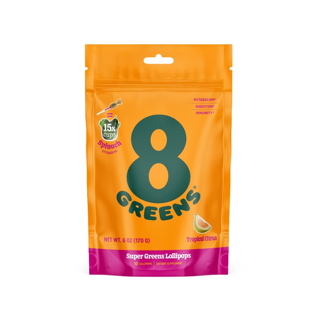 8Greens Daily Lollipops, Natural Tropical Citrus flavor with Real Super Greens, Greens Powder, Gluten-free, Vegan, Non-GMO (10 Count)