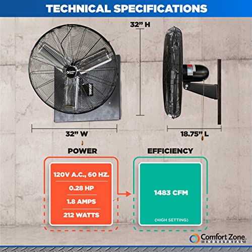 Comfort Zone CZVHW30 30β 2-Speed High Velocity Industrial Wall Fan, All-Metal Construction, Adjustable Tilt, Steel Mounting Bracket with Adjustable Angle, Aluminum Blades, Black