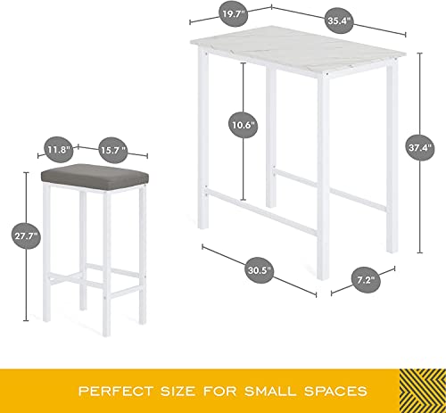Bar Table Set for 2, White Faux Marbled 3-Piece Counter Height Breakfast Table with 2 Cushioned Stools, Small Dining Kitchen Table Set for Apartment