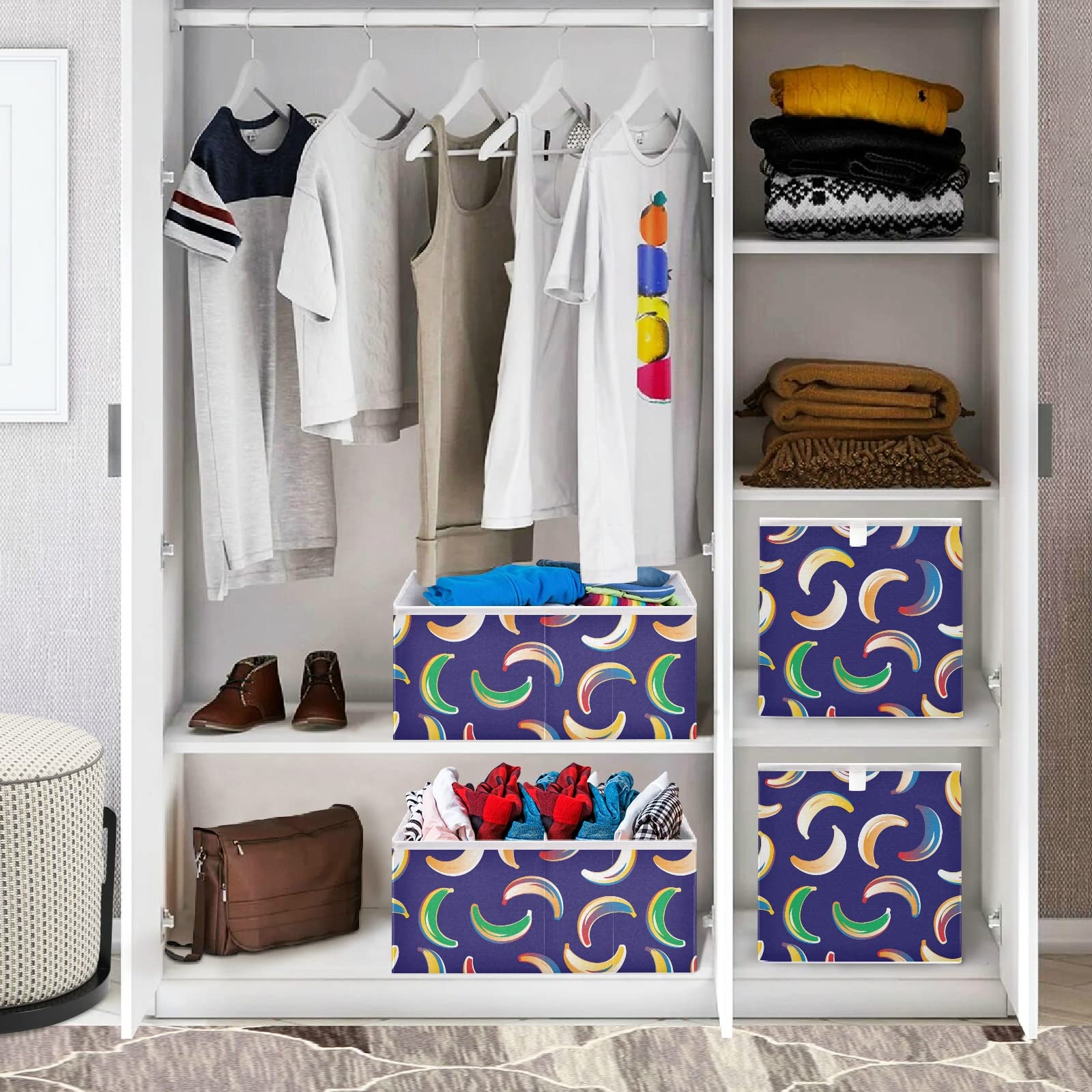 Bananas Storage Baskets for Shelves Foldable Collapsible Storage Box Bins with Waterproof Fabric Closet Organizers for Pantry Clothes Storage Toys, Books, Home, Office,11 x 11inch
