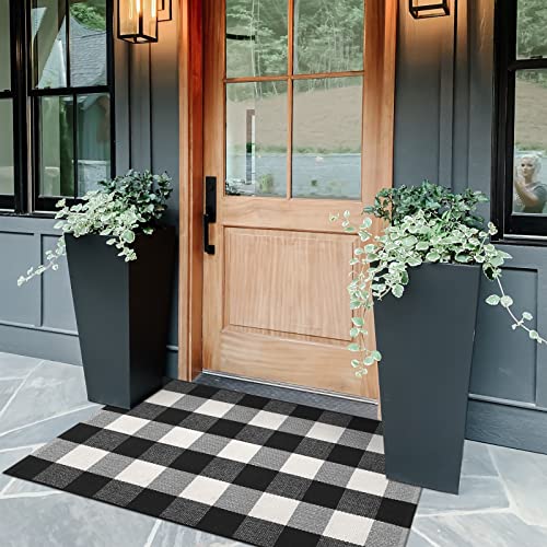 KIMODE Buffalo Plaid Outdoor Rug Runner Doormat 24'' x 51", Black/White Cotton Woven Checkered Farmhouse Porch Outdoor Rugs, Washable Indoor Door Mat for Front Layered Kitchen Bathroom Laundry Room