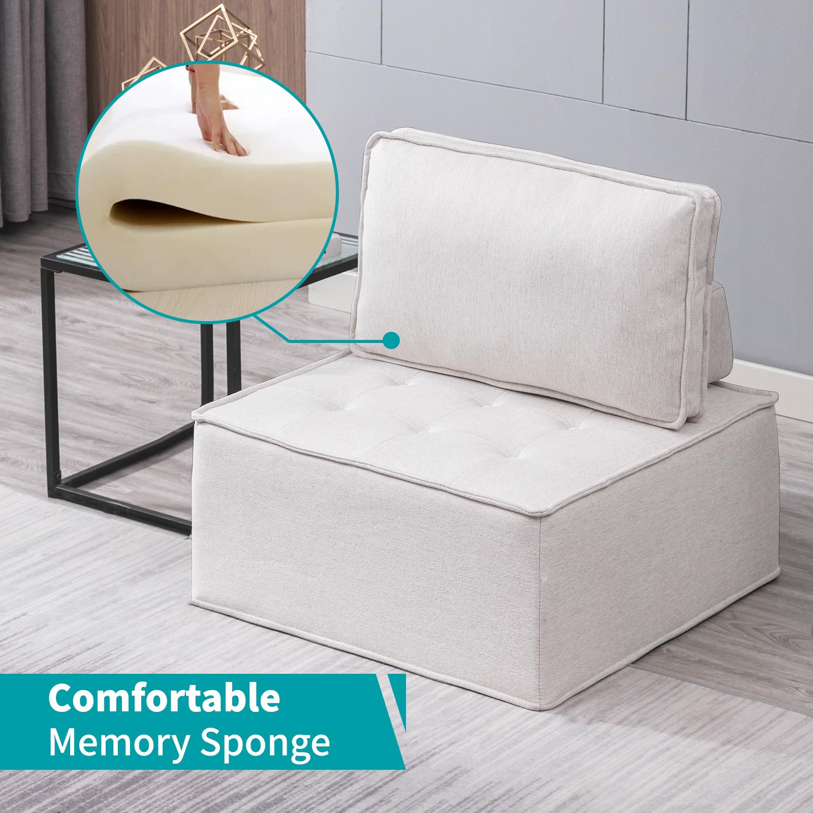 BALUS Modular 3 Seater Sofa Couch, Modern Sectional Sofa Couch, Armless Floor Sofa Couch, Soft Fabric Sofa Bed for Bedroom, Living Room and Sturdy Room, Free Combination, 3 PCS Beige