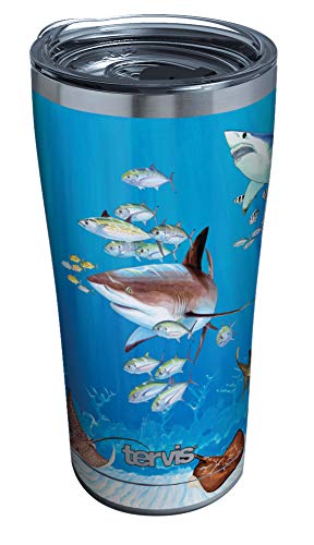 Tervis Triple Walled Guy Harvey Insulated Tumbler Cup Keeps Drinks Cold & Hot, 20oz - Stainless Steel, Shark Collage