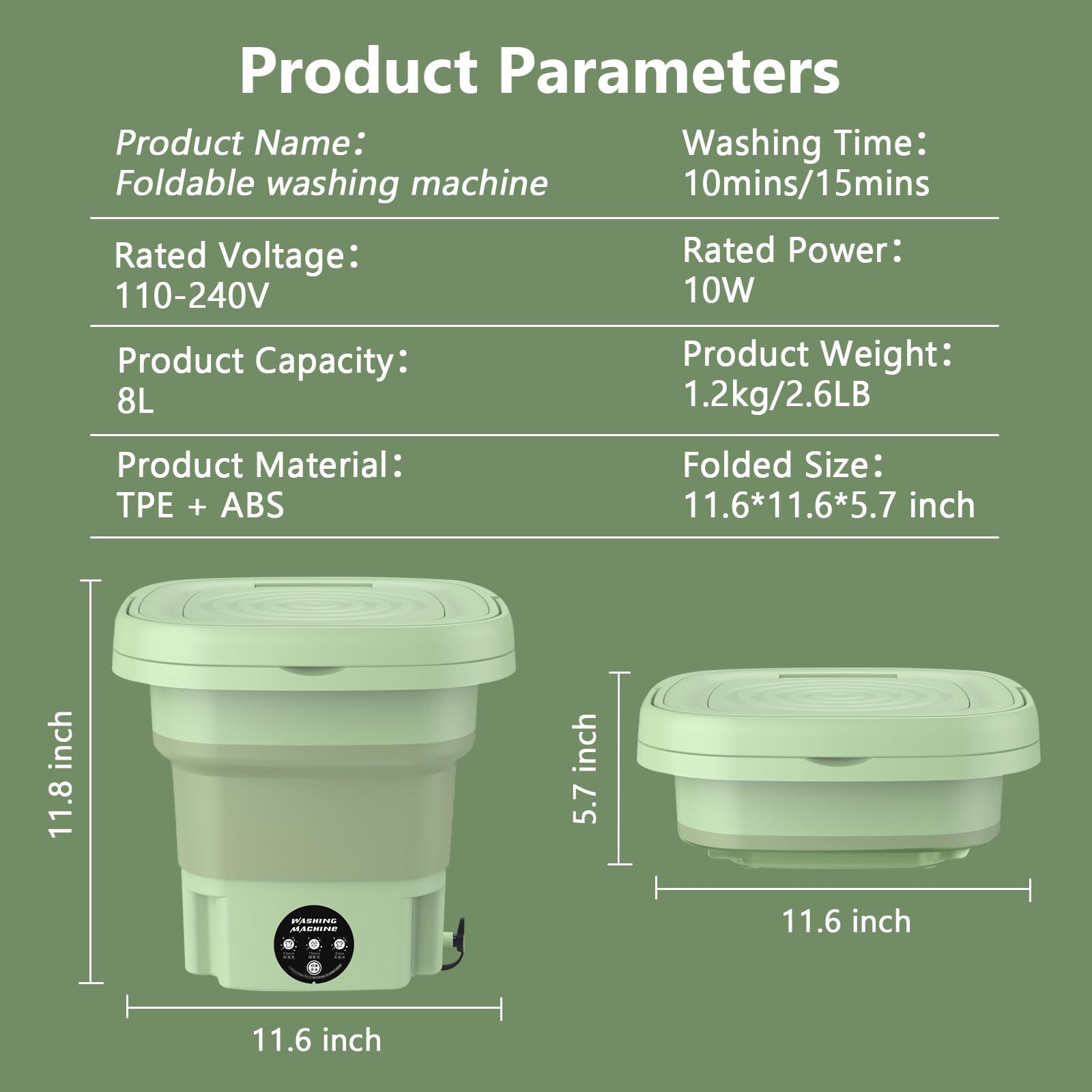 8L Portable Washing Machine, Foldable Mini Small Washing Machine for Socks, Underwear or Small Items for Apartment, Dorm, Camping, RV Travel laundry Green
