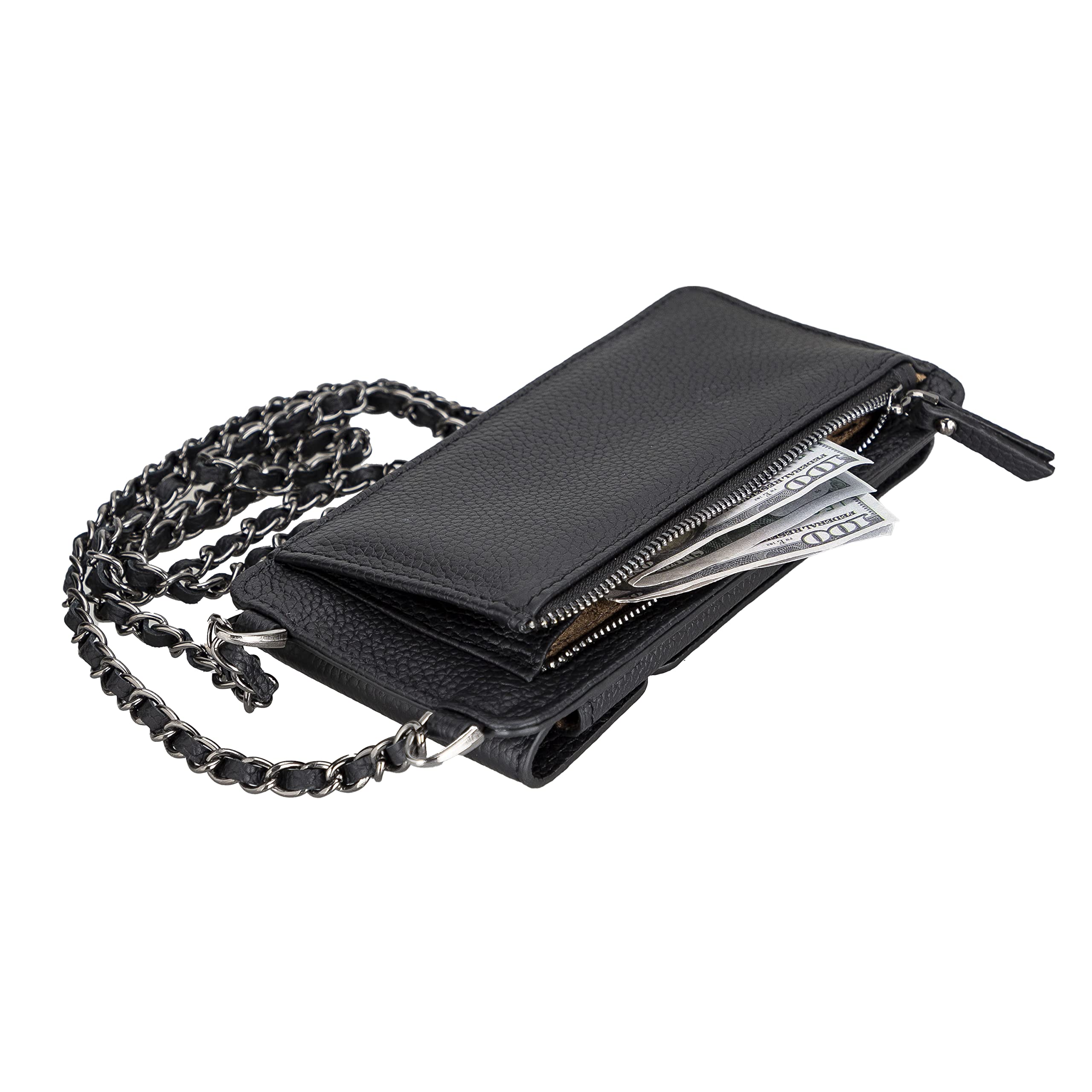 BOULETTA Crossbody Bag Cellphone Purse for Women-Leather Zipper Shoulder Wallet with Phone Pocket and Chain Strap 4 Card Slots Small