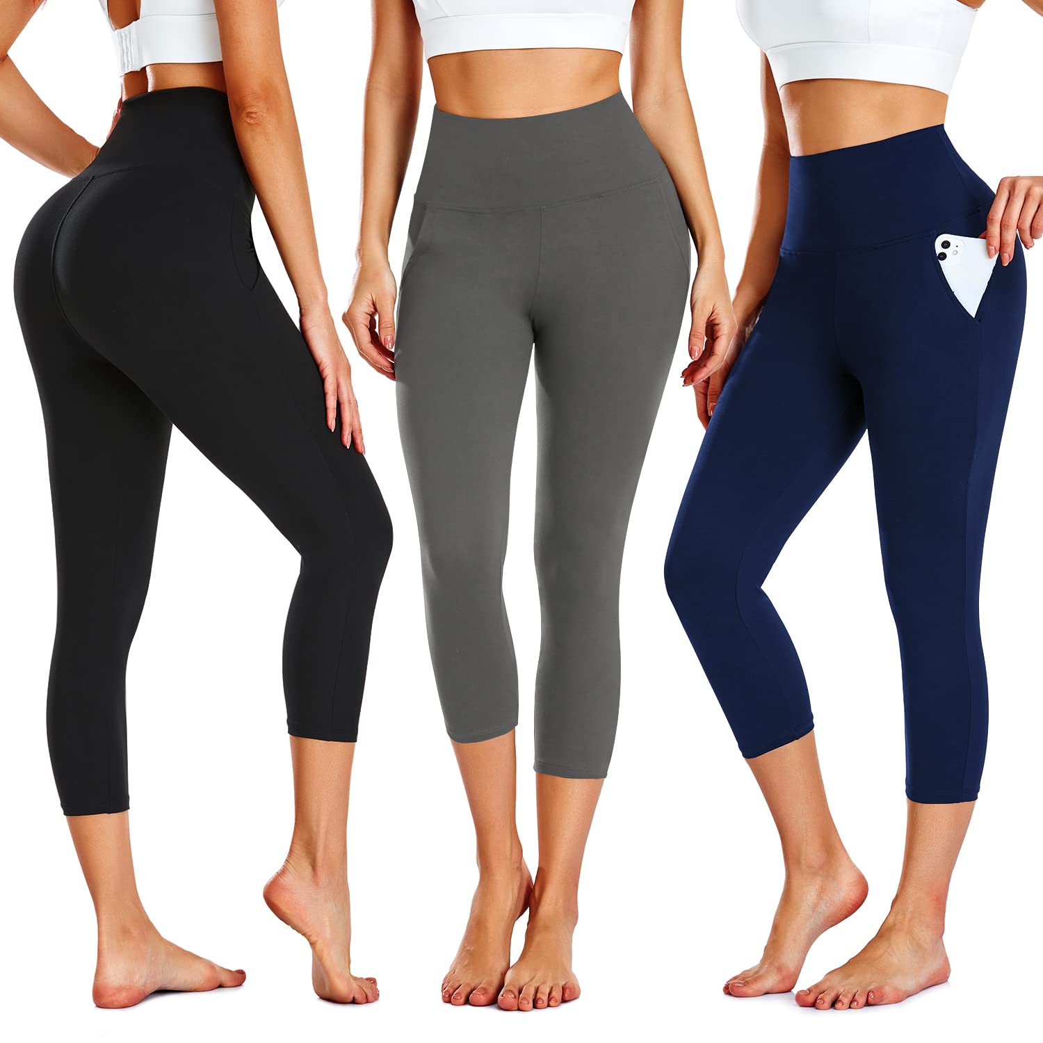 3 Pack Capri Leggings for Women Butt Lift-High Waisted Tummy Control Black Workout Yoga Pants