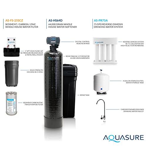 Aquasure 64,000 Grains Whole House Water Filtration Bundle with Digital Metered Control Softener, Pre-Filters, 75 GPD RO Reverse Osmosis System, Eliminates 99% of Contaminants (4-6 bathrooms)