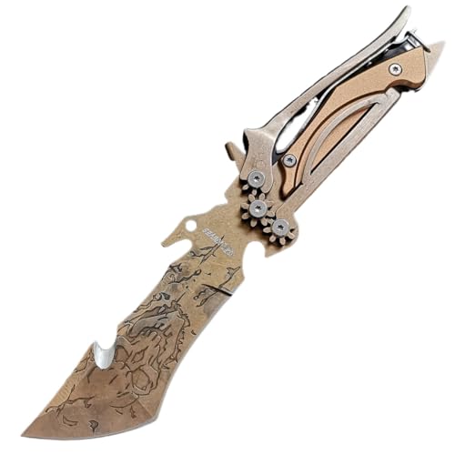 58HRC Fixed Blade Knife with Sheath, Full Stainless Steel Hunting Knife with Special Pattern Blade, Camping Hiking Survival Use (gold)