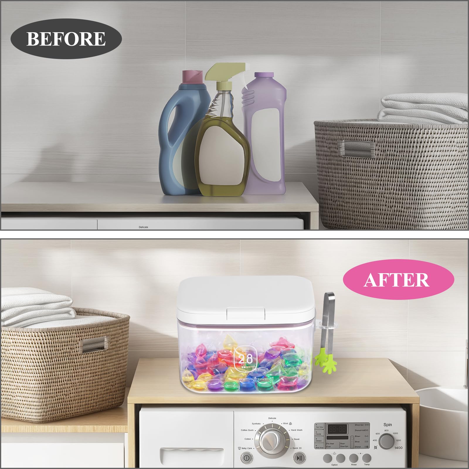 94Oz / 5.8Lb Laundry Pod Containers, Push Button, Laundry Pod Container Holder Storage Laundry Pod Organizer for Laundry Room Laundry Powder Dishwasher Pods Washing Scent Beads Storage