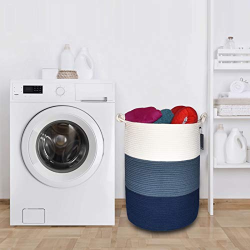 COMSE Extra Large Blanket Basket, High Storage Basket, Tall Rope Laundry Basket, 15.7βx 21.7β, Cotton Rope Basket, XXXL Laundry Basket, Toy Basket, Clothes Baskets,White/Cadet Blue/Navy Blue