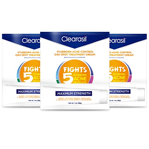 Clearasil Stubborn Acne Control 5-in-1 Spot Treatment Cream with Benzoyl Peroxide Acne Medication to Clear Acne, 1 Ounce (Pack of 3)