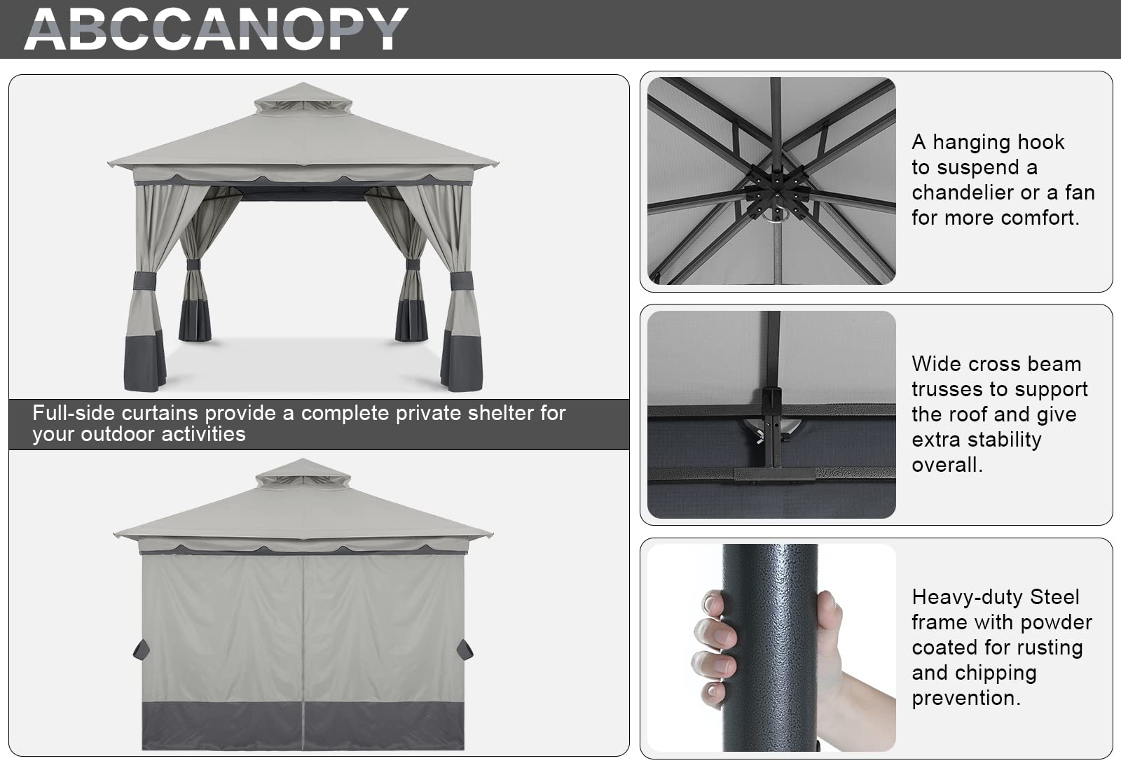 ABCCANOPY 10'x12' Outdoor Gazebo, Double Roof Patio Gazebo with Shade Curtains, Light Gray