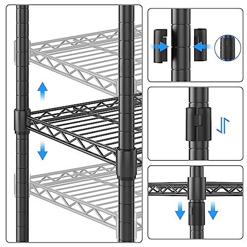 Homdox 5 Tier Wire Shelving Unit on Wheels, Adjustable Storage Racks and Shelving, Heavy Duty Rolling Metal Shelves with Side Hooks for Laundry Bathroom Kitchen Garage Pantry Organization, Black