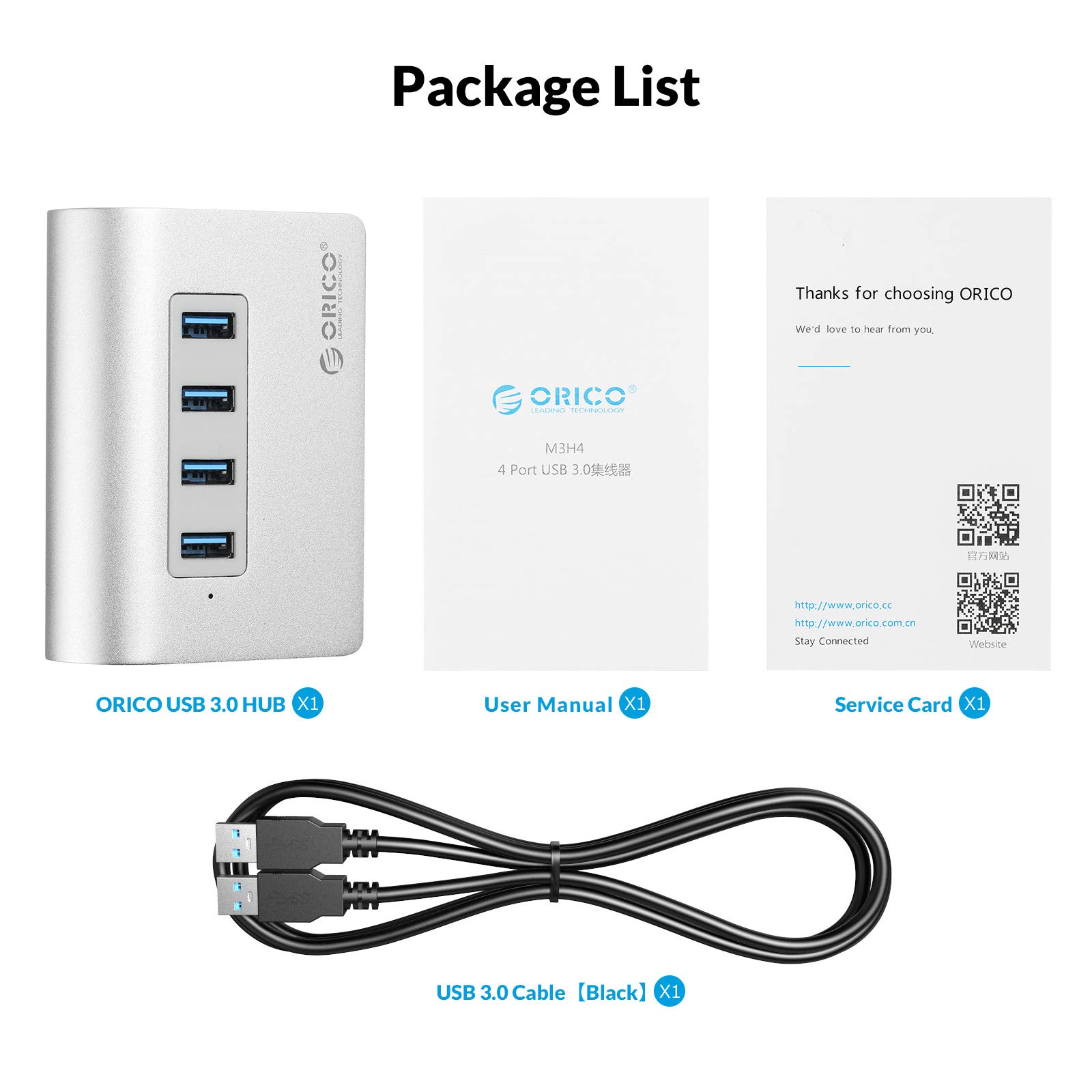 4-Port USB 3.0 Hub ORICO Aluminum USB Hub with 3.3ft Extend Cable, Portable Data Hub for MacBook, Mac Pro/Mini, iMac, XPS, Surface Pro, Notebook PC, USB Flash Drives, Mobile HDD