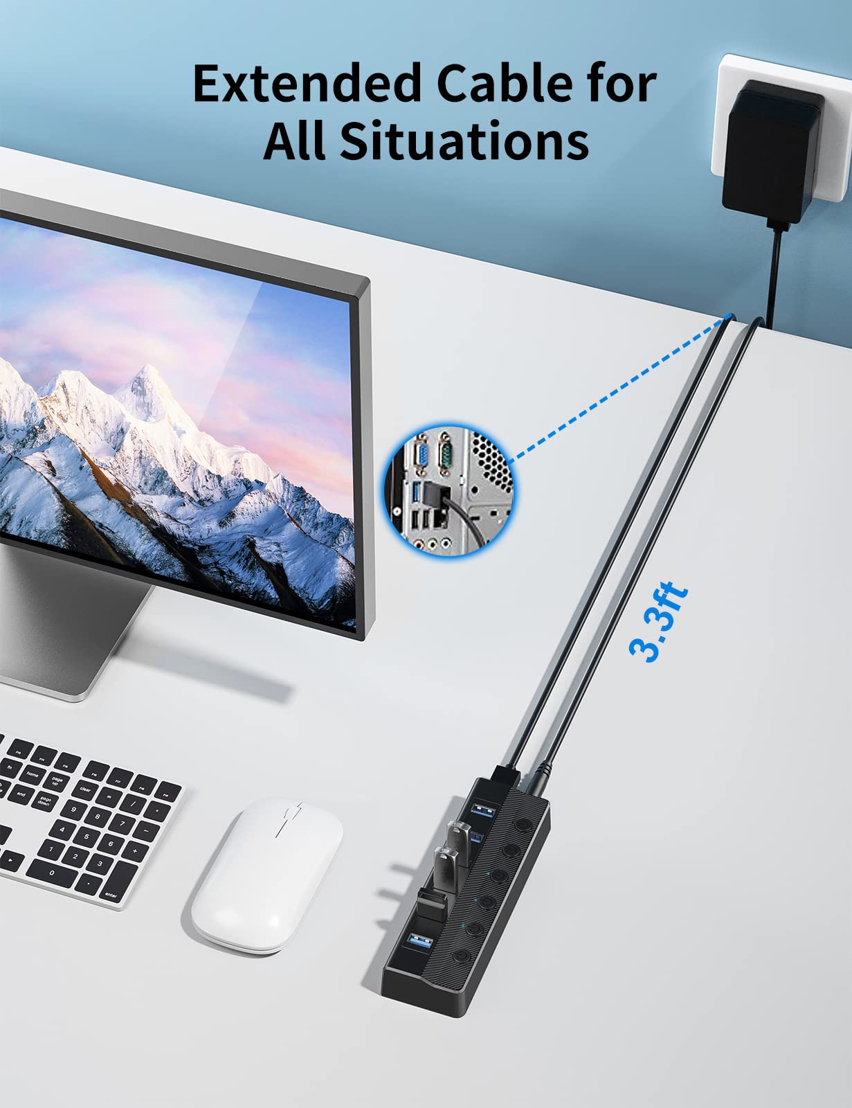 6-Port USB 3.0 Hub, LURMMUE USB Splitter for Laptop with Individual On/Off Switches and Light, 3ft Long Cord, USB Port Hub Extension for PC and Computer