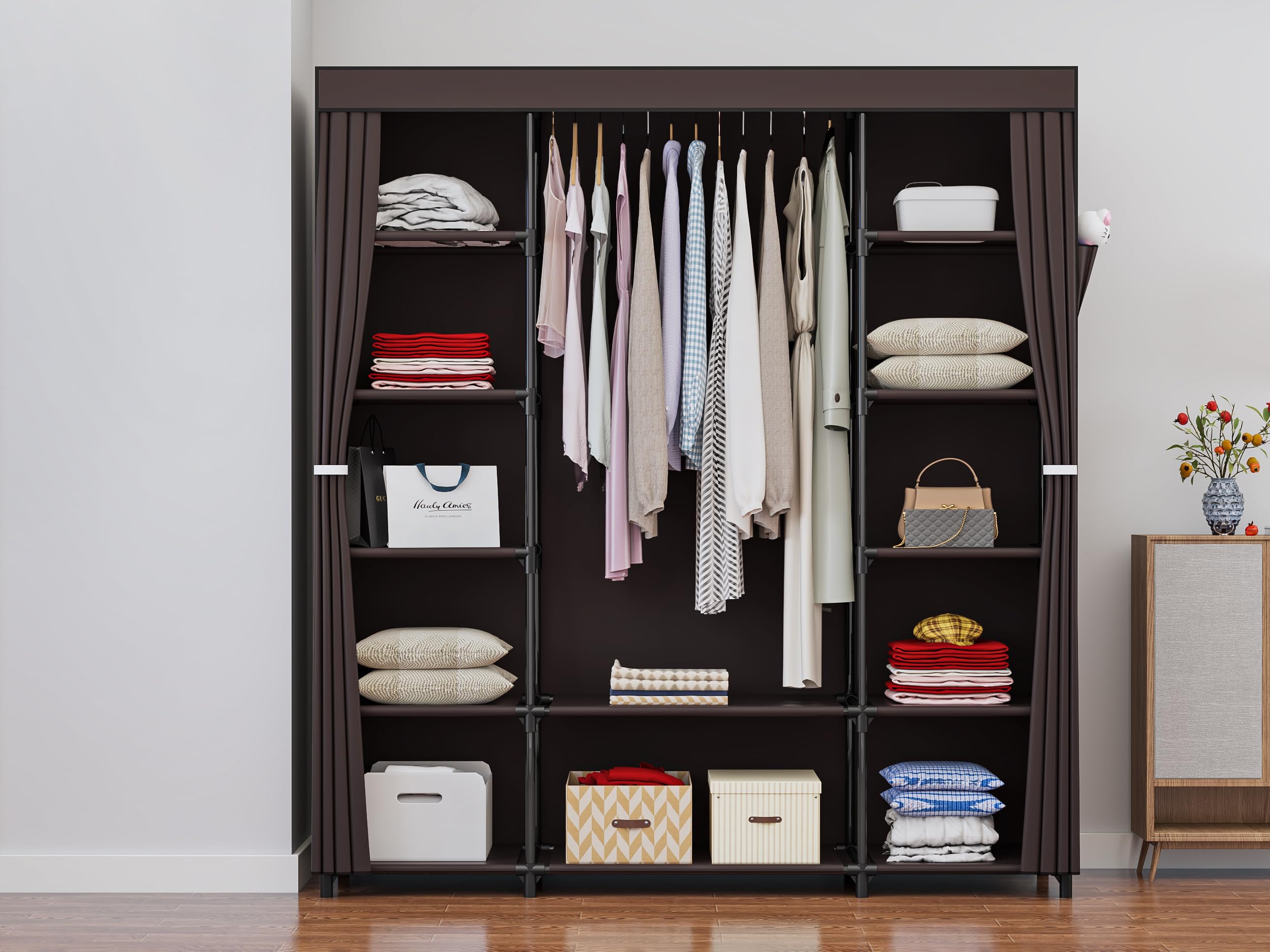 INGIORDAR Portable Closet Wardrobe Organizer Storage with Cover Non-Woben Fabric Portable Wardrobe Closet for Hanging Clothes Racks Shelving 59 Inch for Bedroom, Coffee